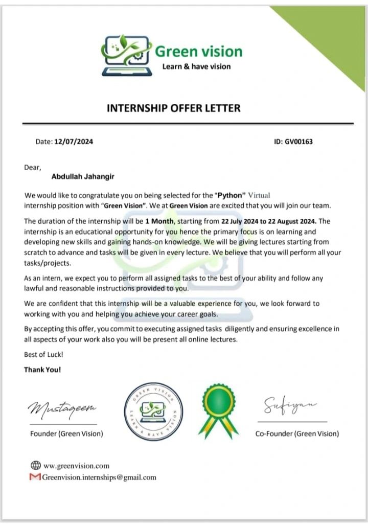 Abdullah Jahangir on LinkedIn: #greenvision #internship #python Abdullah Jahangir on LinkedIn: #greenvision #internship #python
