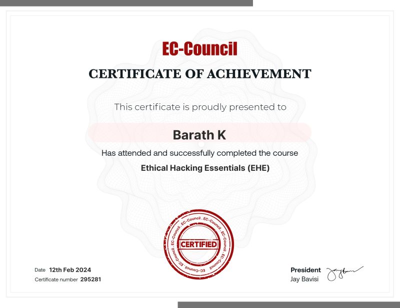 Completion of EC-Council Ethical Hacking Essentials | BARATH KUMARESAN ... Completion of EC-Council Ethical Hacking Essentials | BARATH KUMARESAN ...
