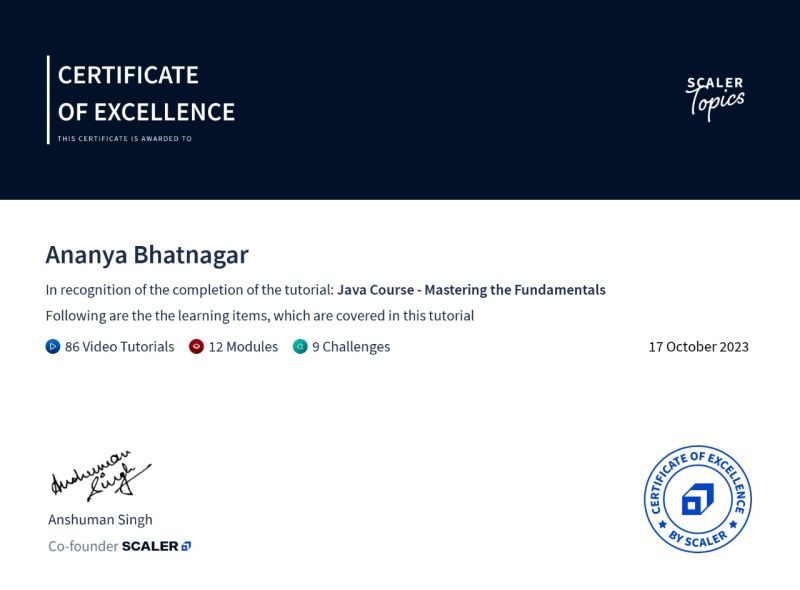 Ananya Bhatnagar on LinkedIn: #java #coursecompletion #coding #fundamentals Ananya Bhatnagar on LinkedIn: #java #coursecompletion #coding #fundamentals