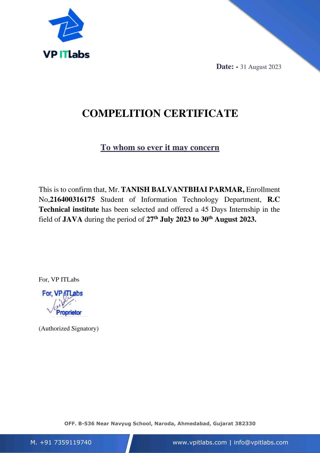 TANISH PARMAR on LinkedIn: Successfully completed JAVA PROGRAMMING ... TANISH PARMAR on LinkedIn: Successfully completed JAVA PROGRAMMING ...