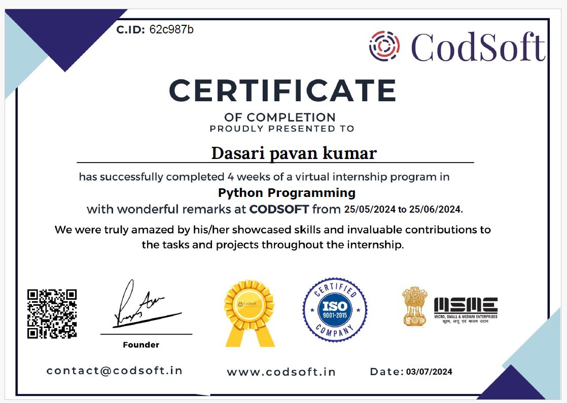 Dasari Pavan Kumar on LinkedIn: #codsoft #cip #pythonprogramming # ... Dasari Pavan Kumar on LinkedIn: #codsoft #cip #pythonprogramming # ...
