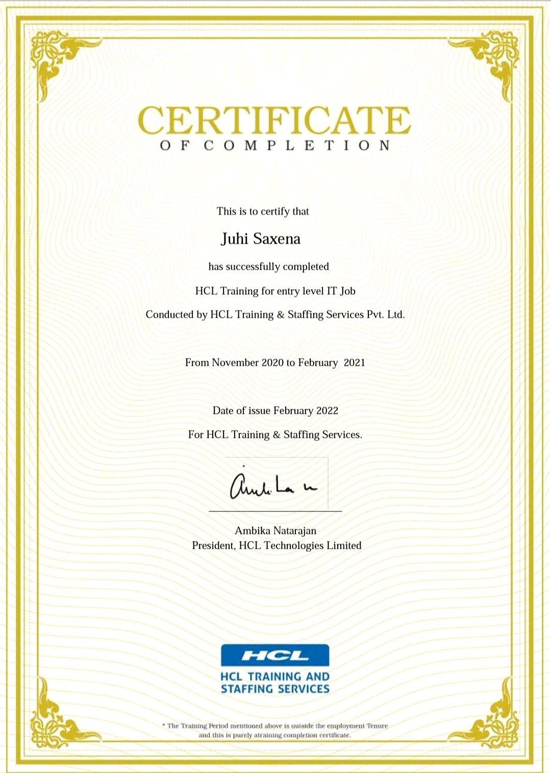 Juhi Saxena on LinkedIn: Certificate of completion from HCL TECH Juhi Saxena on LinkedIn: Certificate of completion from HCL TECH