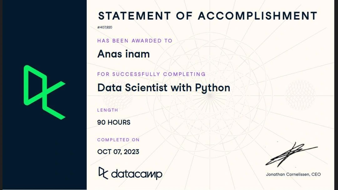 Certified Data Scientist with Python on DataCamp | Muhammad Anas posted ... Certified Data Scientist with Python on DataCamp | Muhammad Anas posted ...