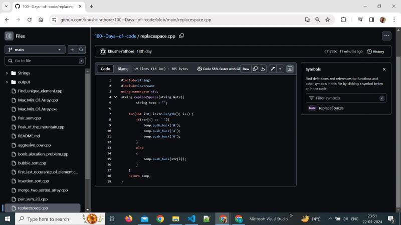 Day 18 of 100 Days of Code challenge: replacing spaces in string ... Day 18 of 100 Days of Code challenge: replacing spaces in string ...