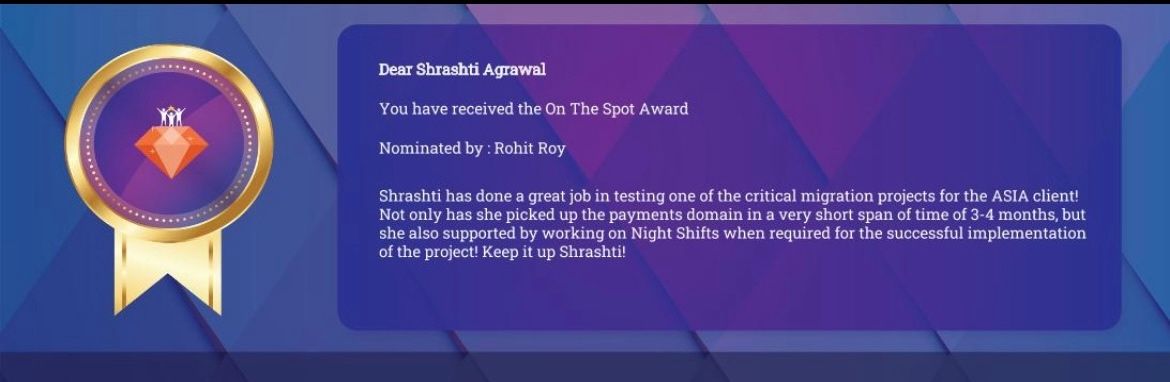 Srashti Agrawal on LinkedIn: #award #recognition #tcs #hardworkpaysoff ... Srashti Agrawal on LinkedIn: #award #recognition #tcs #hardworkpaysoff ...