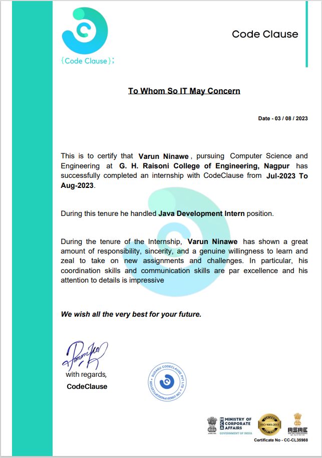 Varun Ninawe on LinkedIn: #internship #codeclause #javadevelopment Varun Ninawe on LinkedIn: #internship #codeclause #javadevelopment