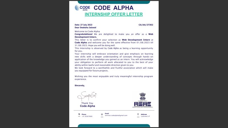 Deeksha Jaiswal on LinkedIn: #codealpha #internship2023 Deeksha Jaiswal on LinkedIn: #codealpha #internship2023