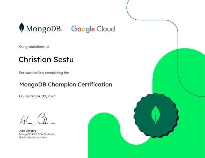 Christian Sestu on LinkedIn: New certificate: MongoDB Champion ... Christian Sestu on LinkedIn: New certificate: MongoDB Champion ...