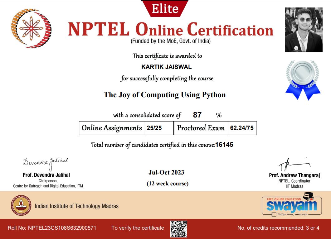 Kartik Jaiswal on LinkedIn: #python #nptel #certificationachievement # ... Kartik Jaiswal on LinkedIn: #python #nptel #certificationachievement # ...