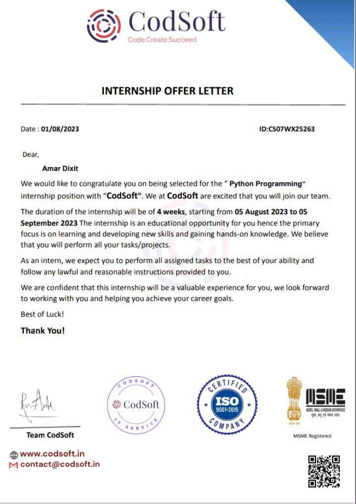 Amar Dixit on LinkedIn: #codesoft #internship Amar Dixit on LinkedIn: #codesoft #internship