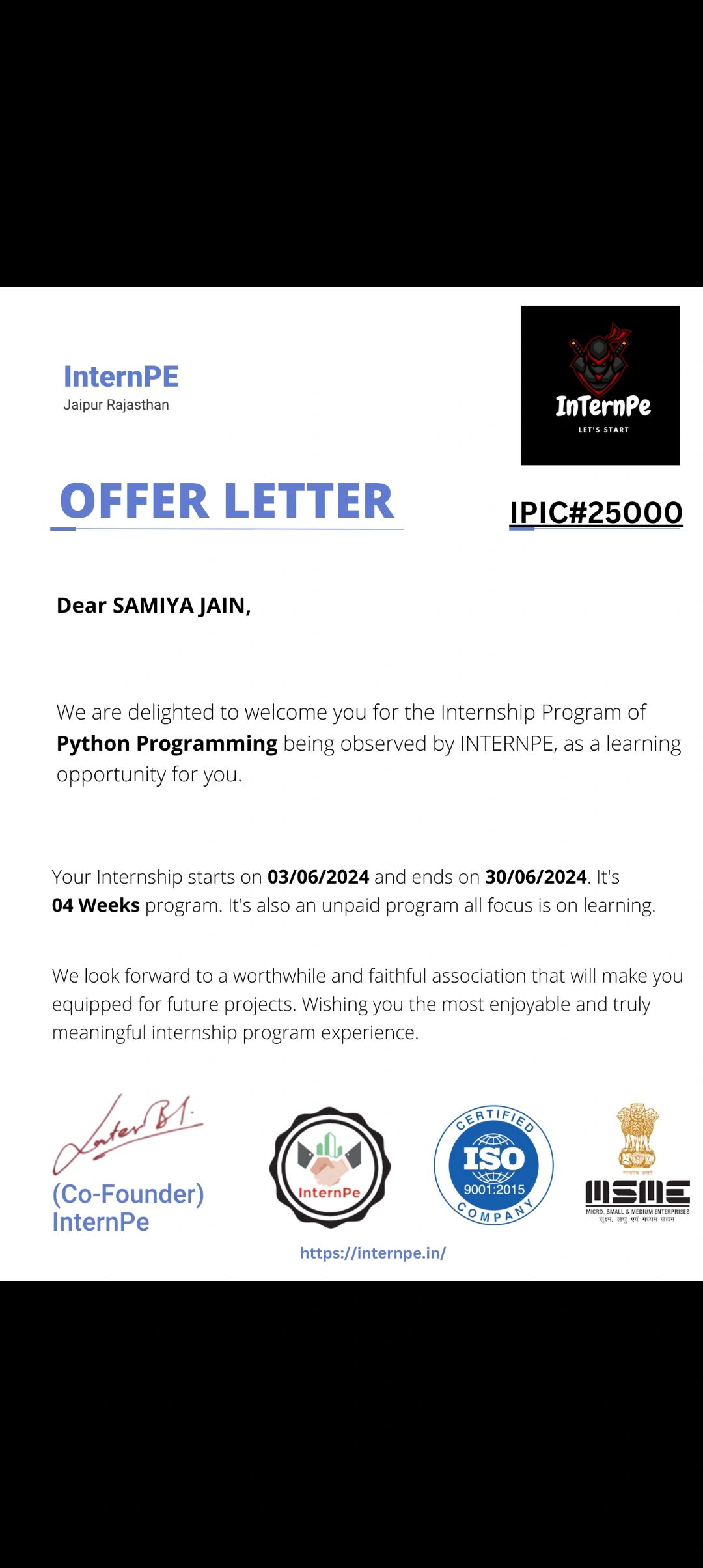 Samiya Jain on LinkedIn: #internship #pythonprogramming #internpe # ... Samiya Jain on LinkedIn: #internship #pythonprogramming #internpe # ...