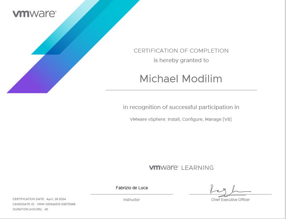 Michael Modilim on LinkedIn: VMware vSphere: Install, Configure, Manage ... Michael Modilim on LinkedIn: VMware vSphere: Install, Configure, Manage ...