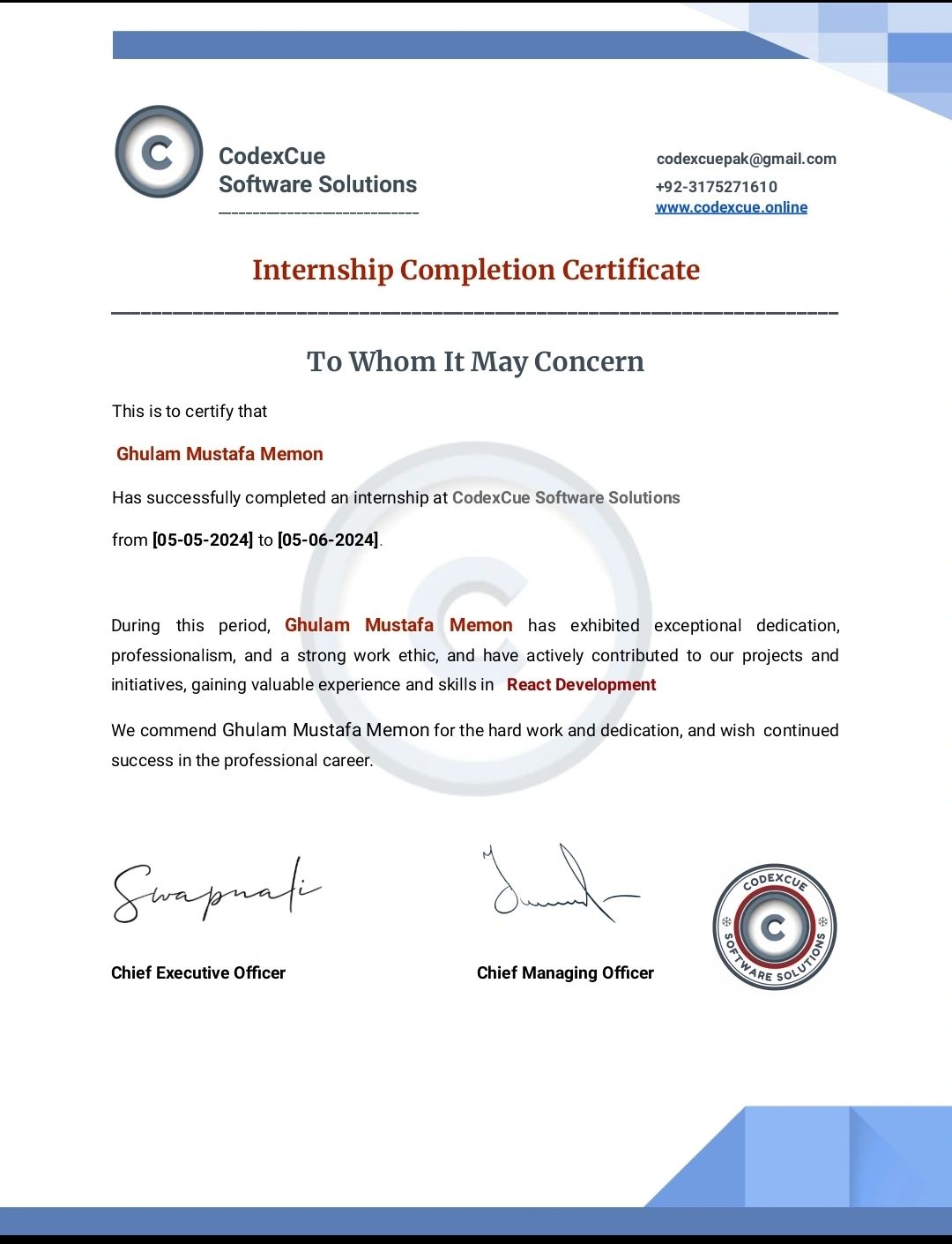 Ghulam Mustafa Memon on LinkedIn: #internship #achievement #reactjs # ... Ghulam Mustafa Memon on LinkedIn: #internship #achievement #reactjs # ...