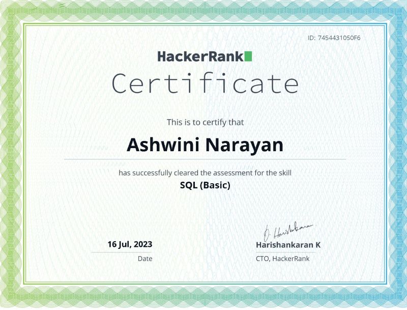 Ashwini Narayan on LinkedIn: #sql #hackerrankcertified # ... Ashwini Narayan on LinkedIn: #sql #hackerrankcertified # ...