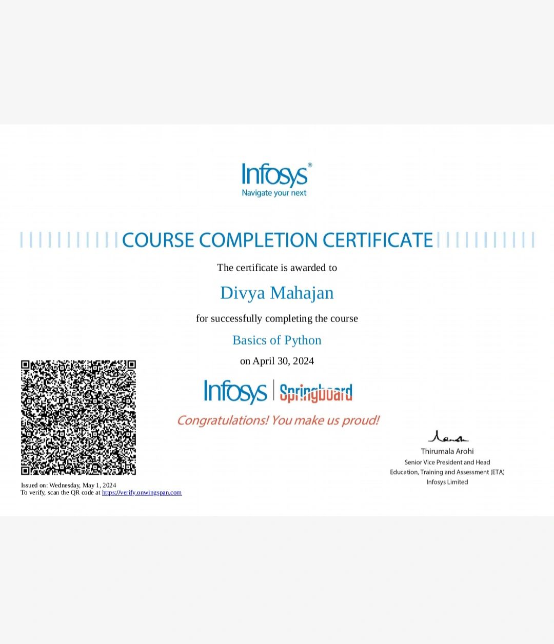 Divya Mahajan on LinkedIn: Infosys python course completion certificate Divya Mahajan on LinkedIn: Infosys python course completion certificate