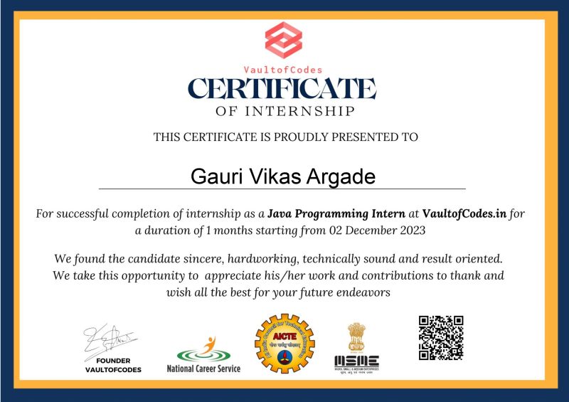 Gauri Argade on LinkedIn: Online Java Programming Internship Completion ... Gauri Argade on LinkedIn: Online Java Programming Internship Completion ...
