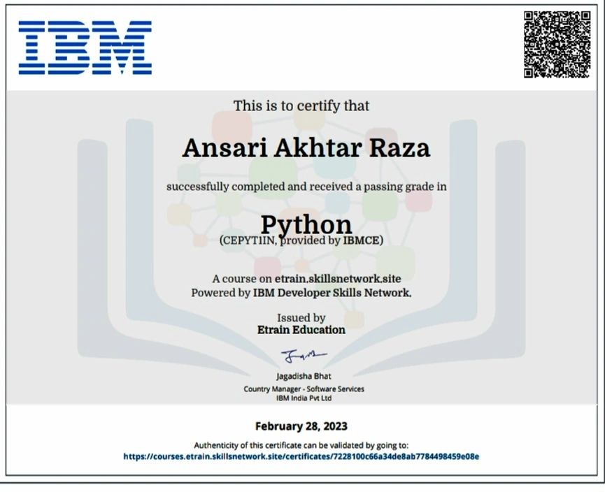 Akhtar Raza on LinkedIn: #python #ibm #certificationcomplete Akhtar Raza on LinkedIn: #python #ibm #certificationcomplete