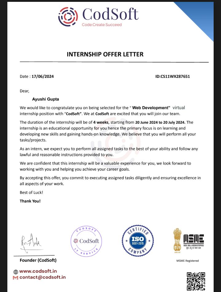 Ayushi Gupta on LinkedIn: #codsoft #codsoft #intertship #webdev # ... Ayushi Gupta on LinkedIn: #codsoft #codsoft #intertship #webdev # ...