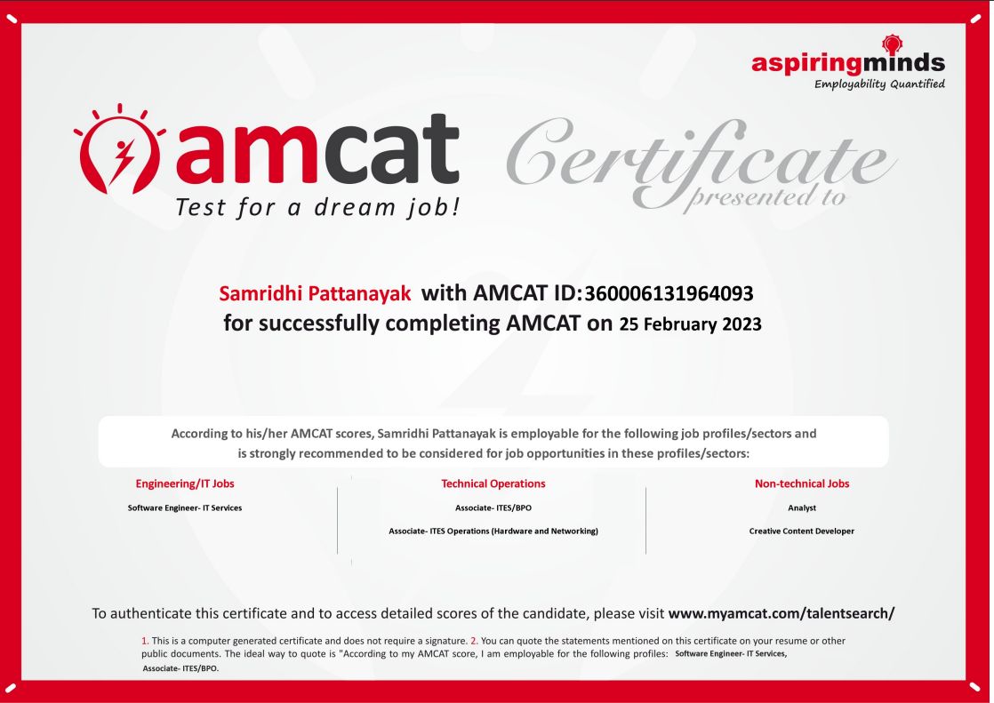Samridhi Pattanayak on LinkedIn: #amcatcertification #skillsvalidation ... Samridhi Pattanayak on LinkedIn: #amcatcertification #skillsvalidation ...