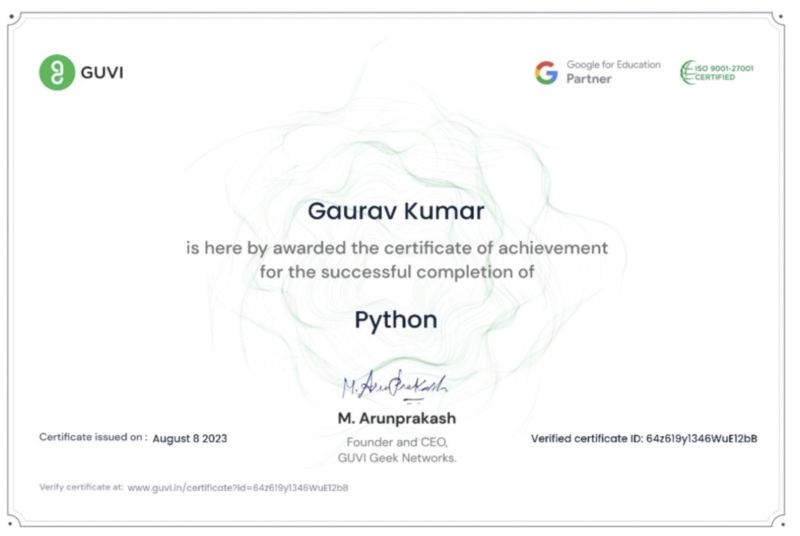 Gaurav Kumar on LinkedIn: I achieving to python certificate..... Gaurav Kumar on LinkedIn: I achieving to python certificate.....