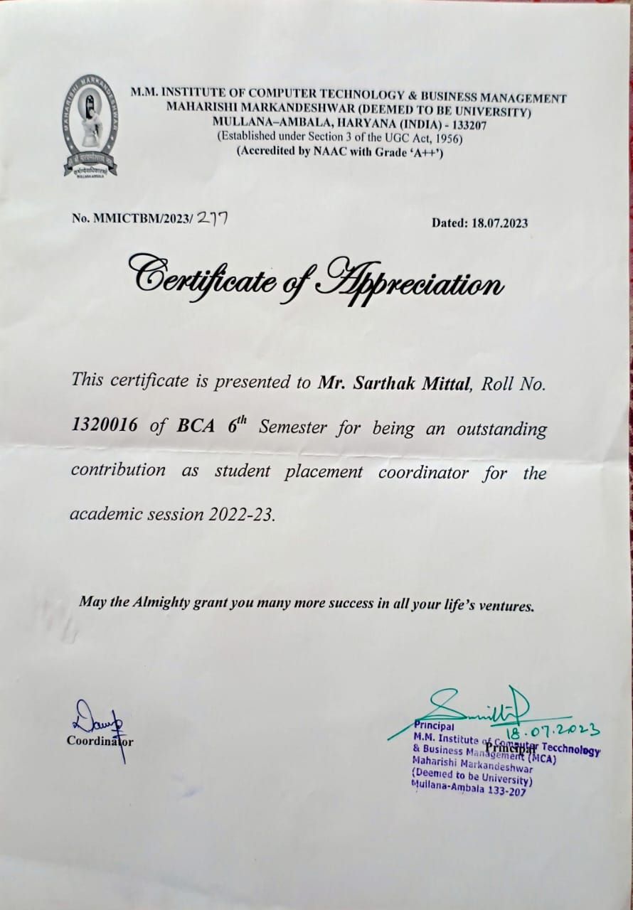 Sarthak Mittal on LinkedIn: Received an appreciation certificate from ... Sarthak Mittal on LinkedIn: Received an appreciation certificate from ...