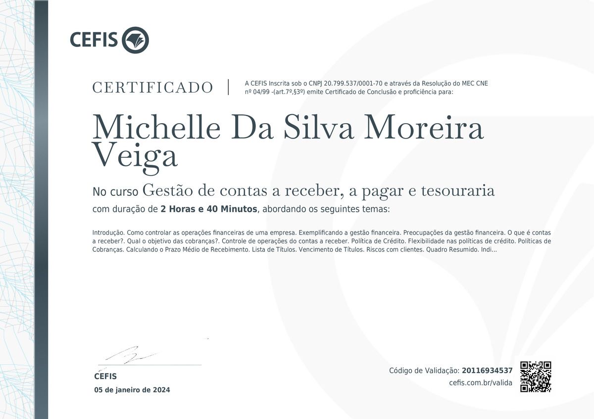 Michelle Veiga no LinkedIn: Conquistei mais um certificado na CEFIS! O ... Michelle Veiga no LinkedIn: Conquistei mais um certificado na CEFIS! O ...