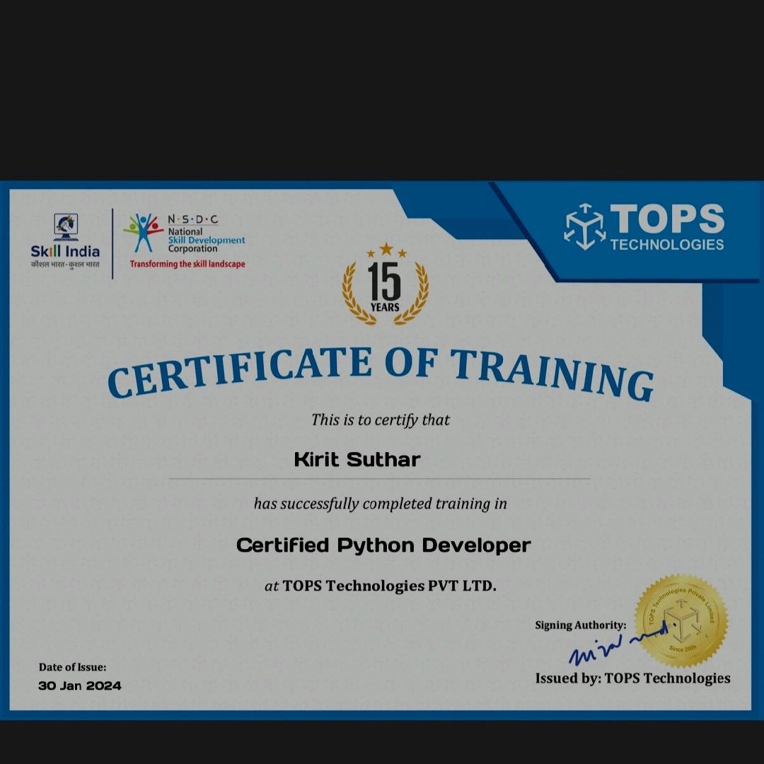 Kirit Suthar on LinkedIn: #pythondeveloper #certificationachieved # ... Kirit Suthar on LinkedIn: #pythondeveloper #certificationachieved # ...