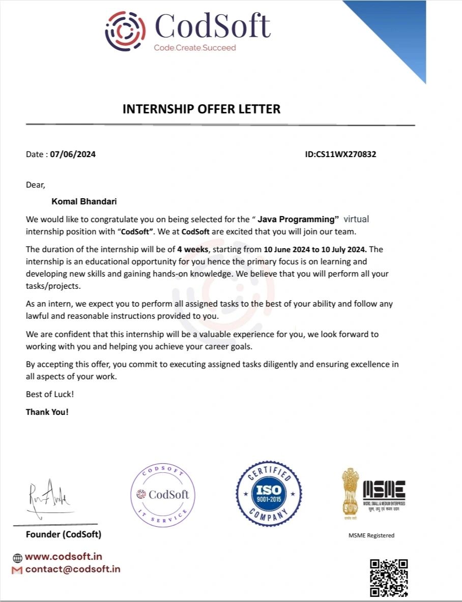 Komal bhandari on LinkedIn: #internship #java #codsoft #coding # ... Komal bhandari on LinkedIn: #internship #java #codsoft #coding # ...