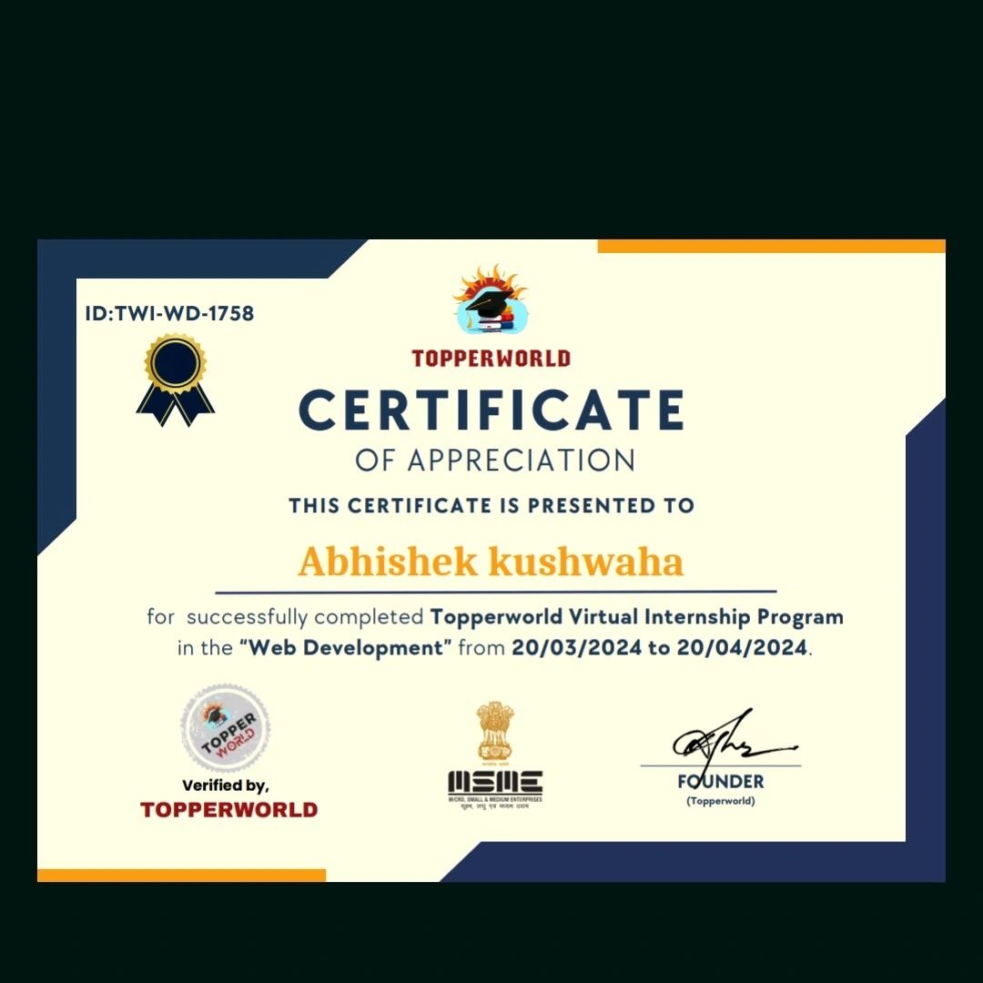 Abhishek Kushwaha on LinkedIn: #topperworld #intership #taskcompleted # ... Abhishek Kushwaha on LinkedIn: #topperworld #intership #taskcompleted # ...