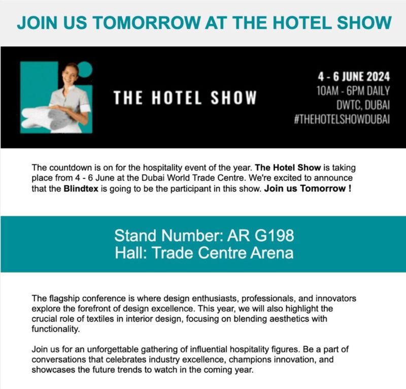 Nadeem Mohammad on LinkedIn: Join Blindtex at The Hotel Show 2024! The ... Nadeem Mohammad on LinkedIn: Join Blindtex at The Hotel Show 2024! The ...