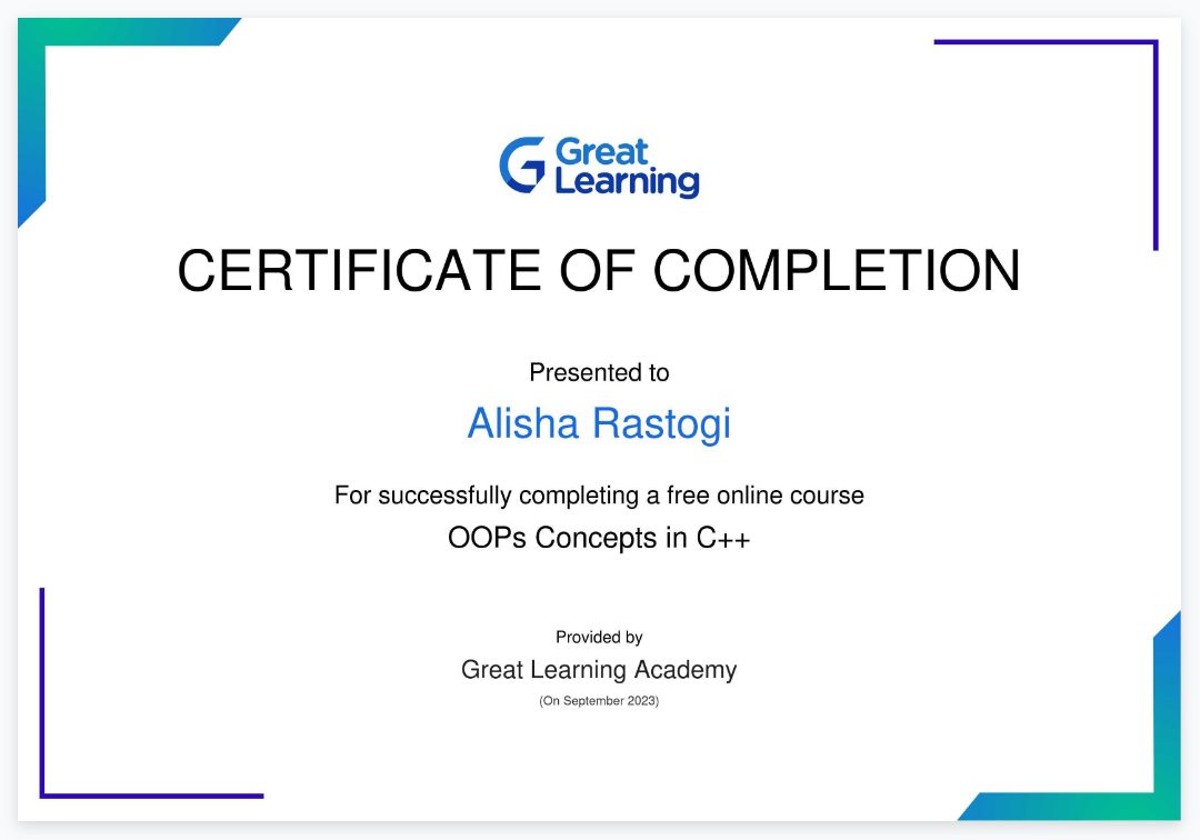 Alisha Rastogi on LinkedIn: #certification #oops #cpp #newachievement Alisha Rastogi on LinkedIn: #certification #oops #cpp #newachievement