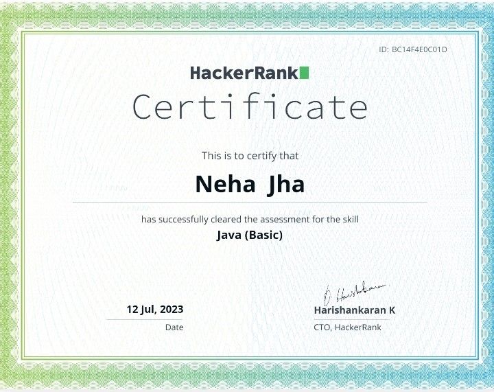 Neha Jha on LinkedIn: #hackerrank #java #share #certificate | 13 comments Neha Jha on LinkedIn: #hackerrank #java #share #certificate | 13 comments