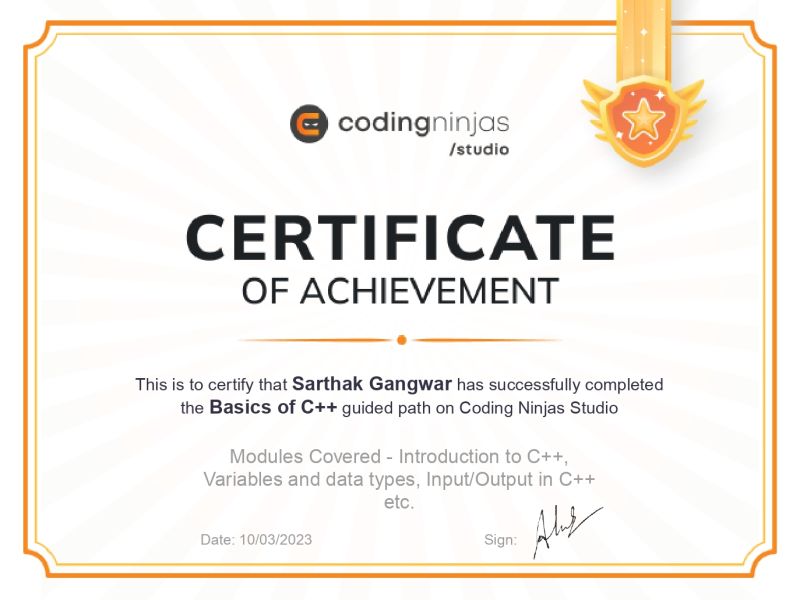 Completed Basic C++ course by Coding Ninjas | Sarthak Gangwar posted on ... Completed Basic C++ course by Coding Ninjas | Sarthak Gangwar posted on ...
