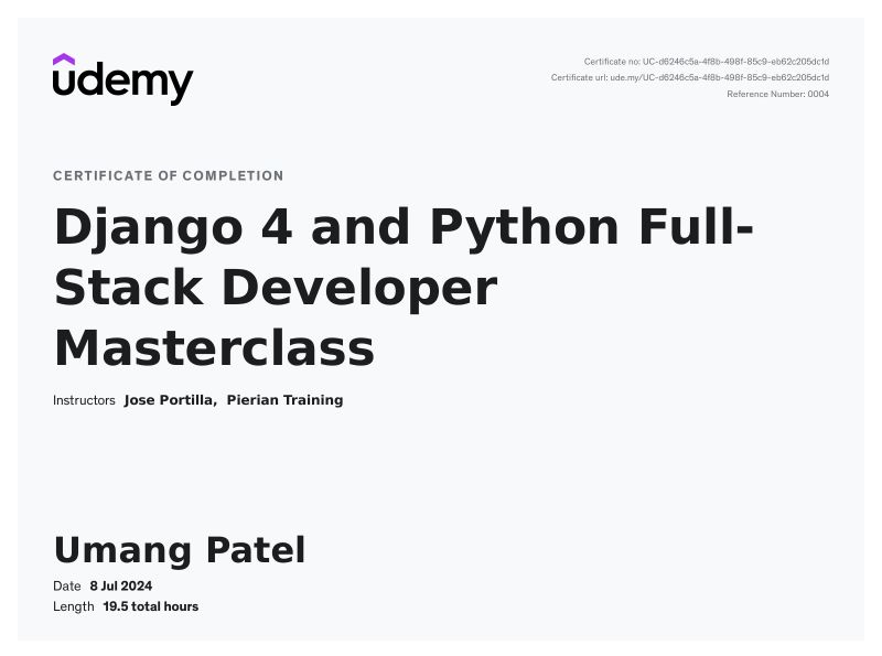 Umang Patel on LinkedIn: #django #webdevelopment #certification # ... Umang Patel on LinkedIn: #django #webdevelopment #certification # ...