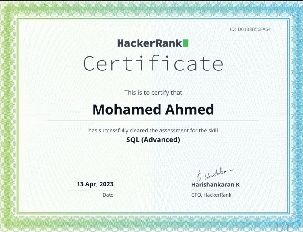 Mohamed Ahmed Ali on LinkedIn: #hackerrank #sql #experience Mohamed Ahmed Ali on LinkedIn: #hackerrank #sql #experience