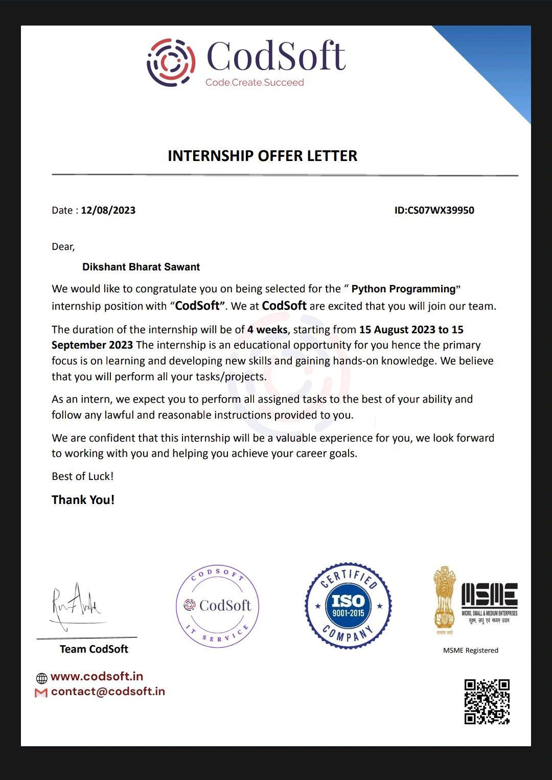 Dikshant Sawant on LinkedIn: #internship #python Dikshant Sawant on LinkedIn: #internship #python