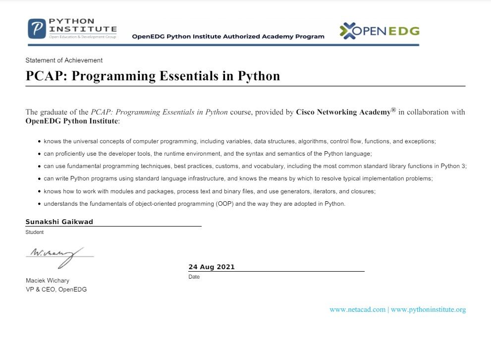 Sunakshi Gaikwad on LinkedIn: #certificatecompletion #pythonprogramming ... Sunakshi Gaikwad on LinkedIn: #certificatecompletion #pythonprogramming ...