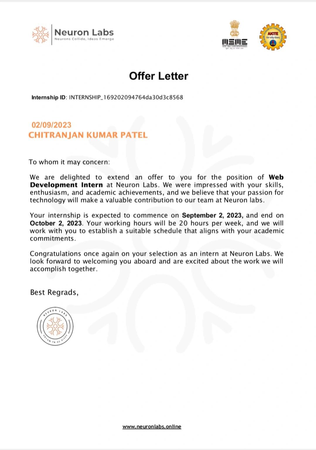Chitranjan Kumar Patel on LinkedIn: #internship #offerletter #neuronlabs Chitranjan Kumar Patel on LinkedIn: #internship #offerletter #neuronlabs