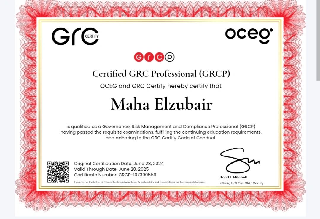Maha Elzubair on LinkedIn: GRCP certified! Alhamdulillah | 24 comments Maha Elzubair on LinkedIn: GRCP certified! Alhamdulillah | 24 comments
