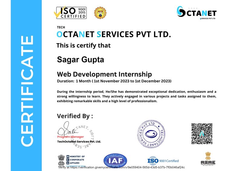 Sagar Gupta on LinkedIn: #webdevelopment #internship #octanet Sagar Gupta on LinkedIn: #webdevelopment #internship #octanet