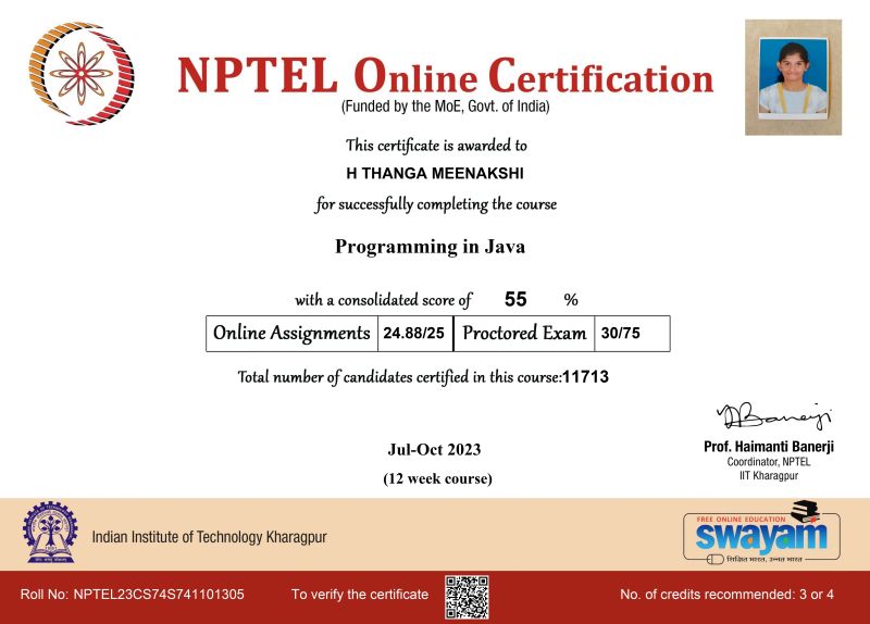 Thanga meenakshi on LinkedIn: Completed programming in Java at NPTEL Thanga meenakshi on LinkedIn: Completed programming in Java at NPTEL