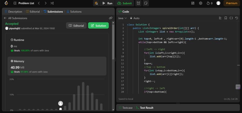 Resolved 'Spiral Matrix' problem on Leetcode | Piyush Jadhav posted on ... Resolved 'Spiral Matrix' problem on Leetcode | Piyush Jadhav posted on ...