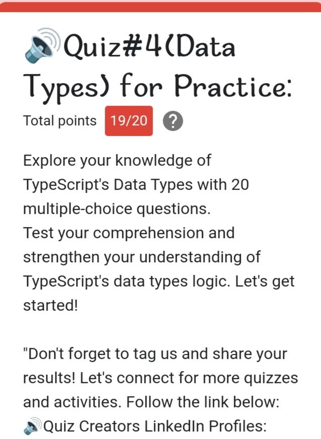 Finished typescript quiz challenge with 19 out of 20 | Moiz Ahmed ... Finished typescript quiz challenge with 19 out of 20 | Moiz Ahmed ...