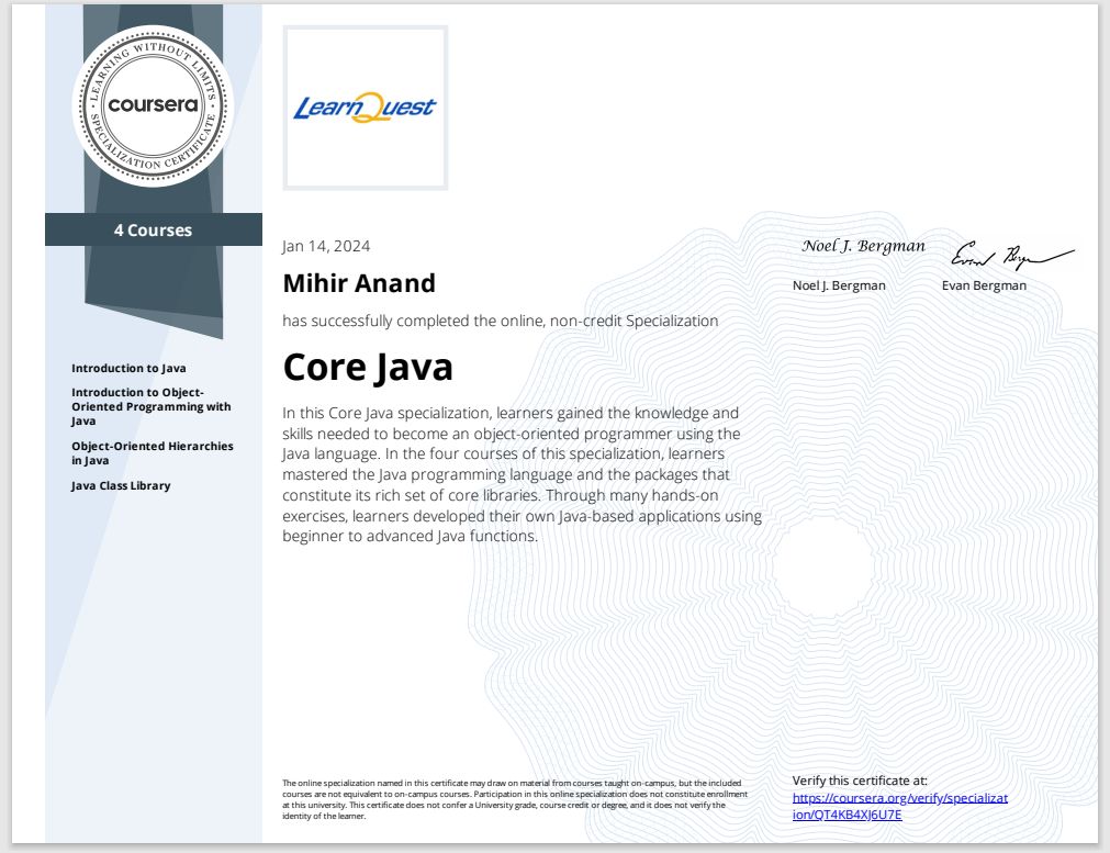 Mihir Anand on LinkedIn: #corejava #coursera Mihir Anand on LinkedIn: #corejava #coursera