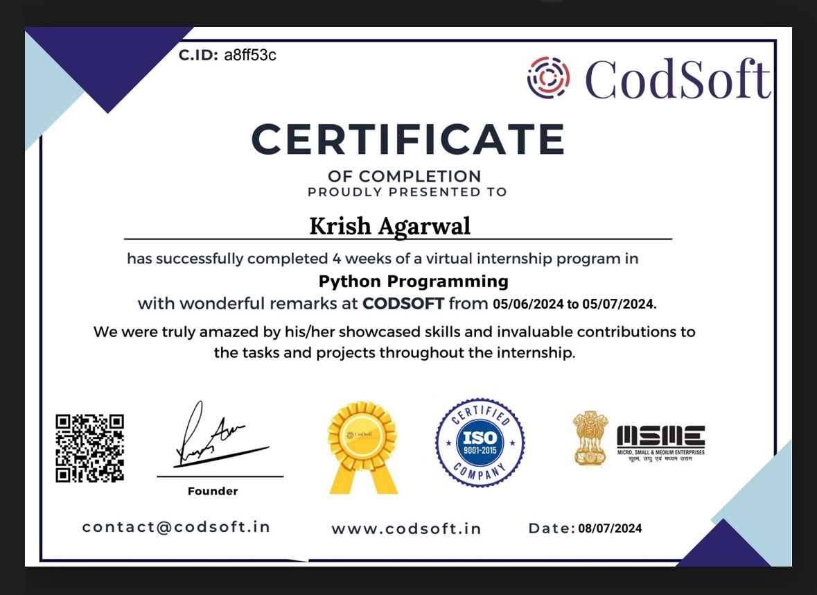 Krish Agarwal on LinkedIn: #python #programming #internship #codsoft # ... Krish Agarwal on LinkedIn: #python #programming #internship #codsoft # ...