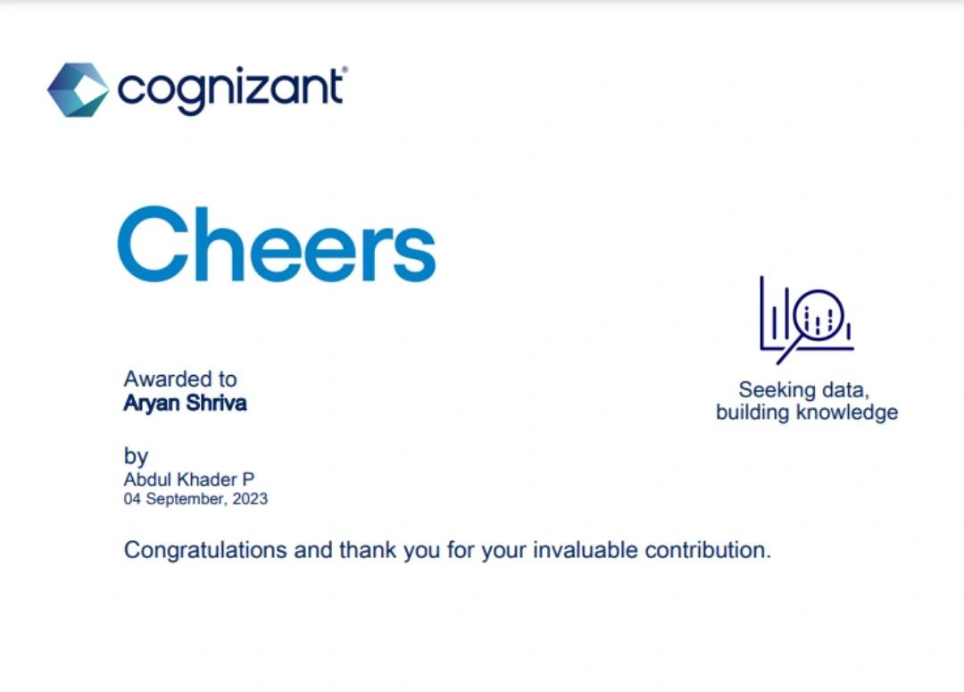 Aryan Shriva on LinkedIn: #apperception #cognizant_cheers Aryan Shriva on LinkedIn: #apperception #cognizant_cheers