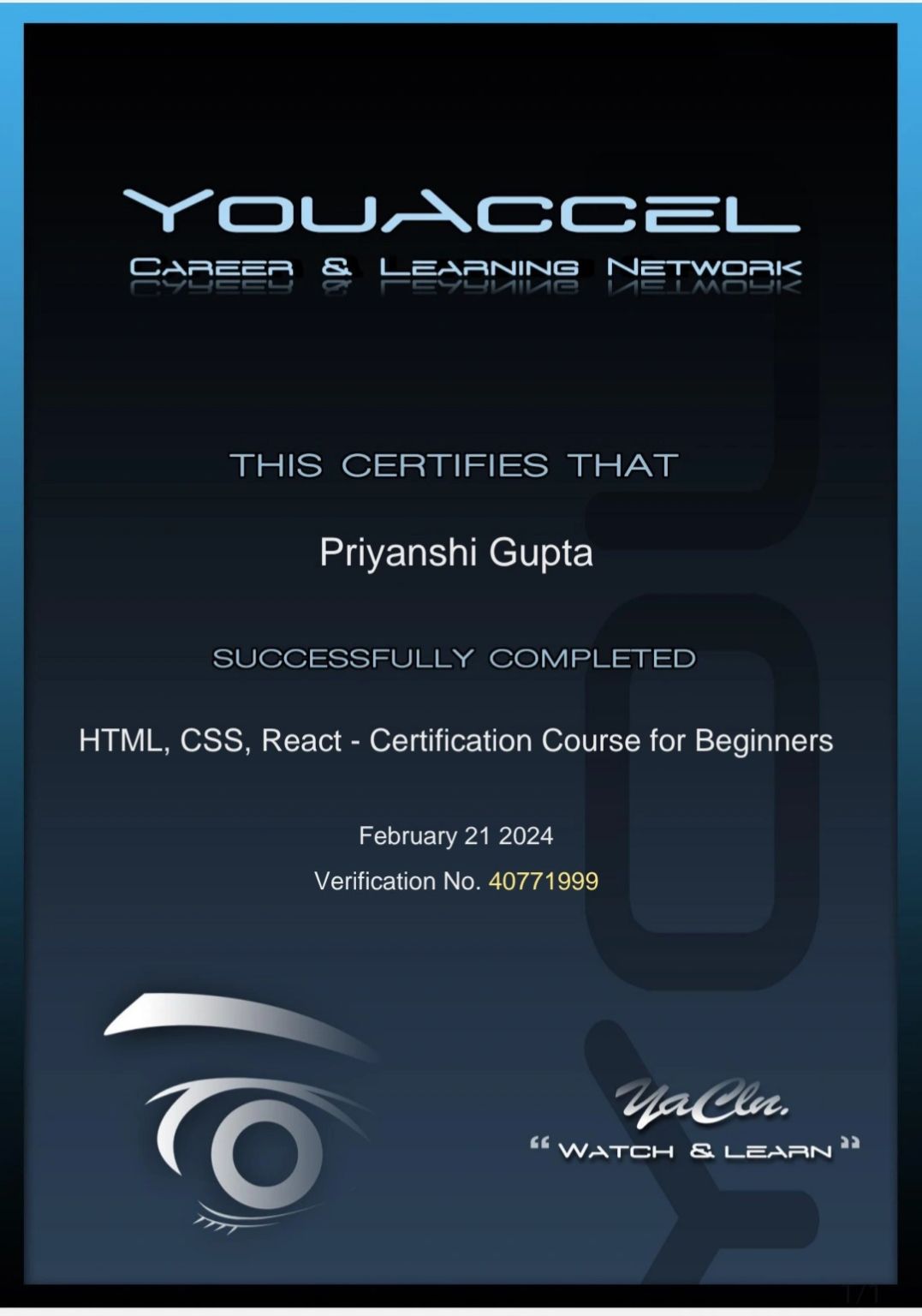 Priyanshi Gupta on LinkedIn: #html #css #react #certification #youaccel Priyanshi Gupta on LinkedIn: #html #css #react #certification #youaccel