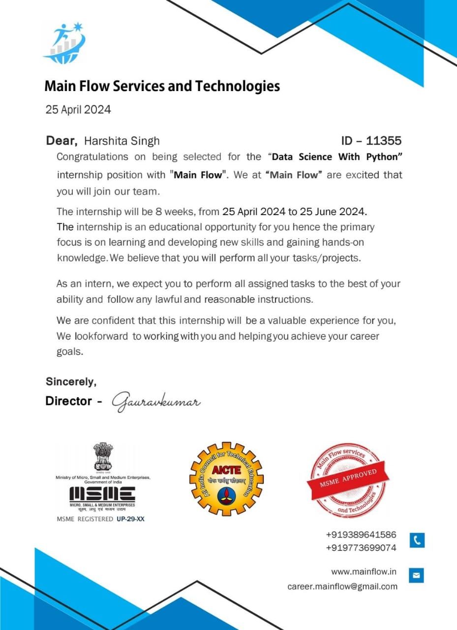 Harshita Singh on LinkedIn: #datascience #python #internship #mainflow Harshita Singh on LinkedIn: #datascience #python #internship #mainflow