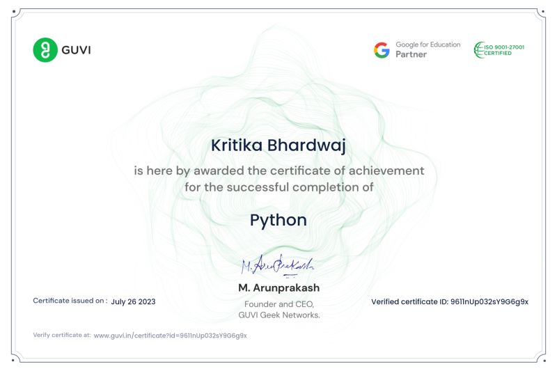 KRITIKA BHARDWAJ on LinkedIn: #guvi #python #pythonprogramming #skills KRITIKA BHARDWAJ on LinkedIn: #guvi #python #pythonprogramming #skills