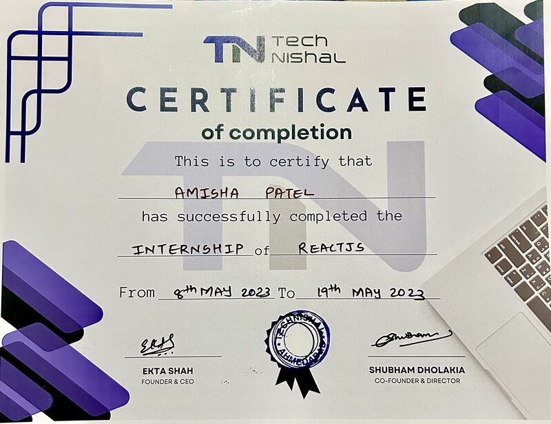 Amisha Patel on LinkedIn: #technishal #reactjs #internship # ... Amisha Patel on LinkedIn: #technishal #reactjs #internship # ...